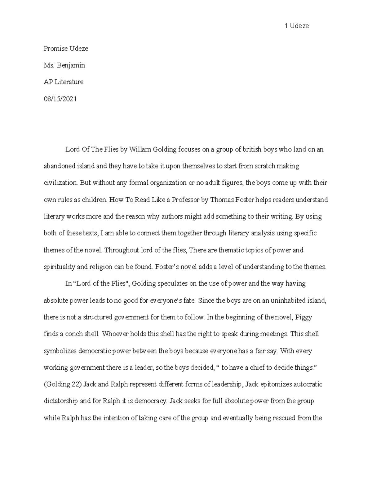 Lord of the flies essay - 1 Udeze Promise Udeze Ms. Benjamin AP ...