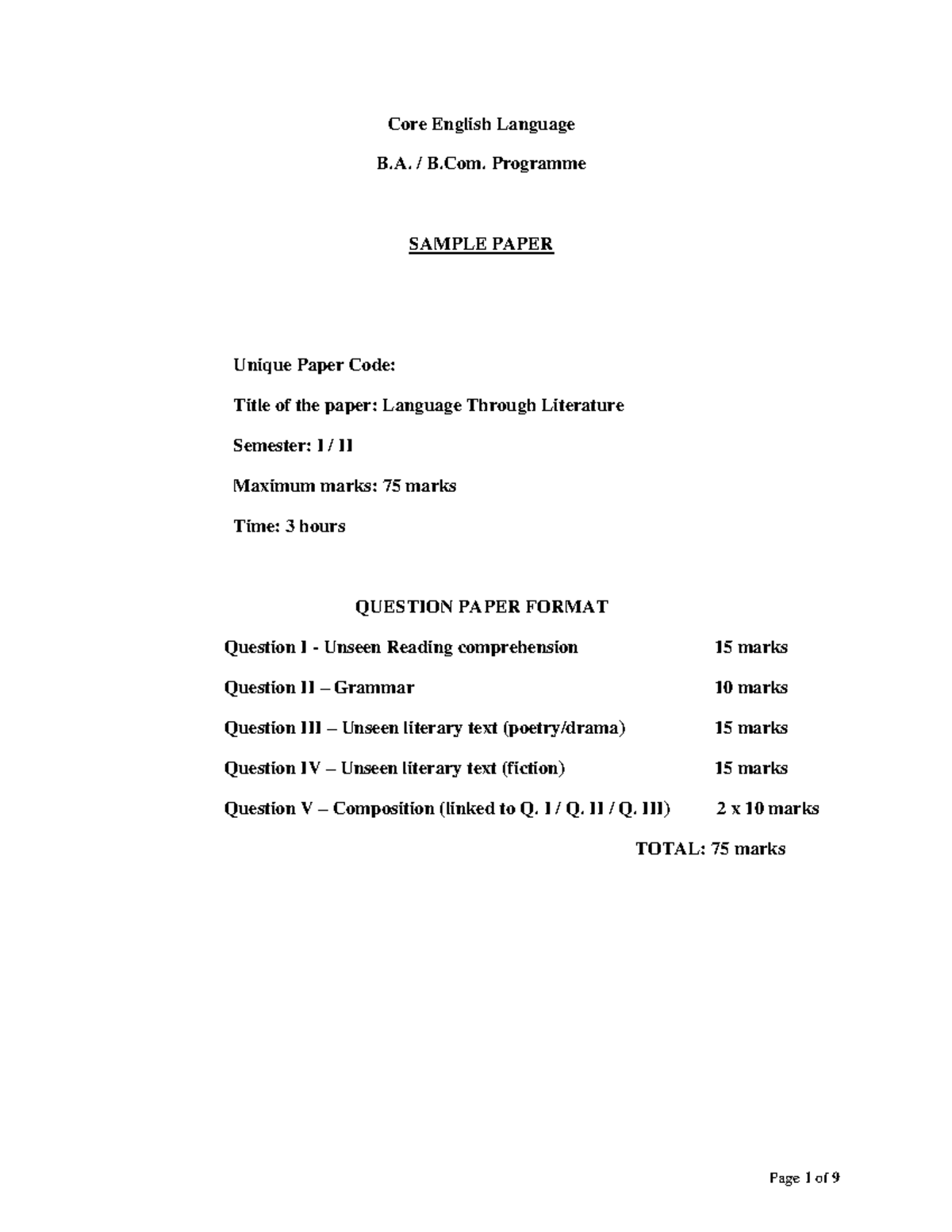 Sample Question Paper ELTL - Core English Language B. / B. Programme ...