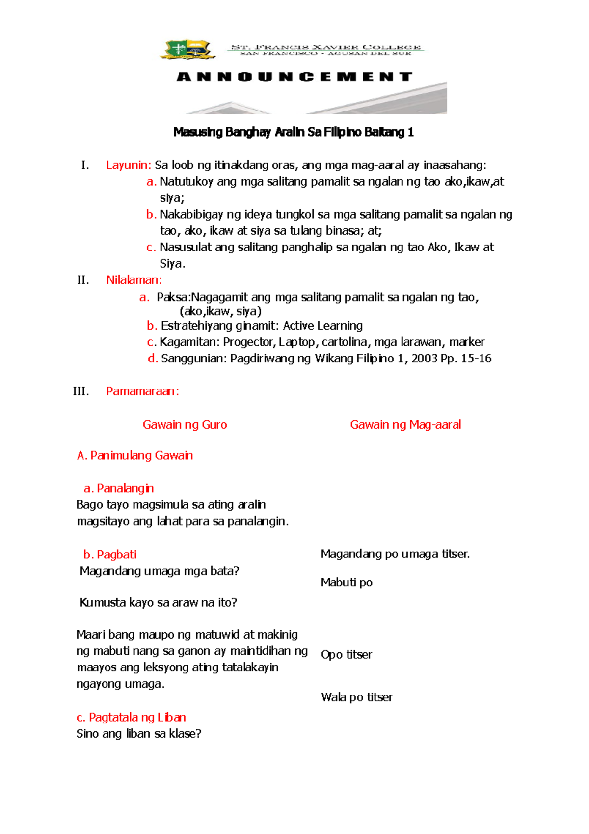 Weekly 6 Final Filipino 1 - Masusing Banghay Aralin Sa Filipino Baitang ...