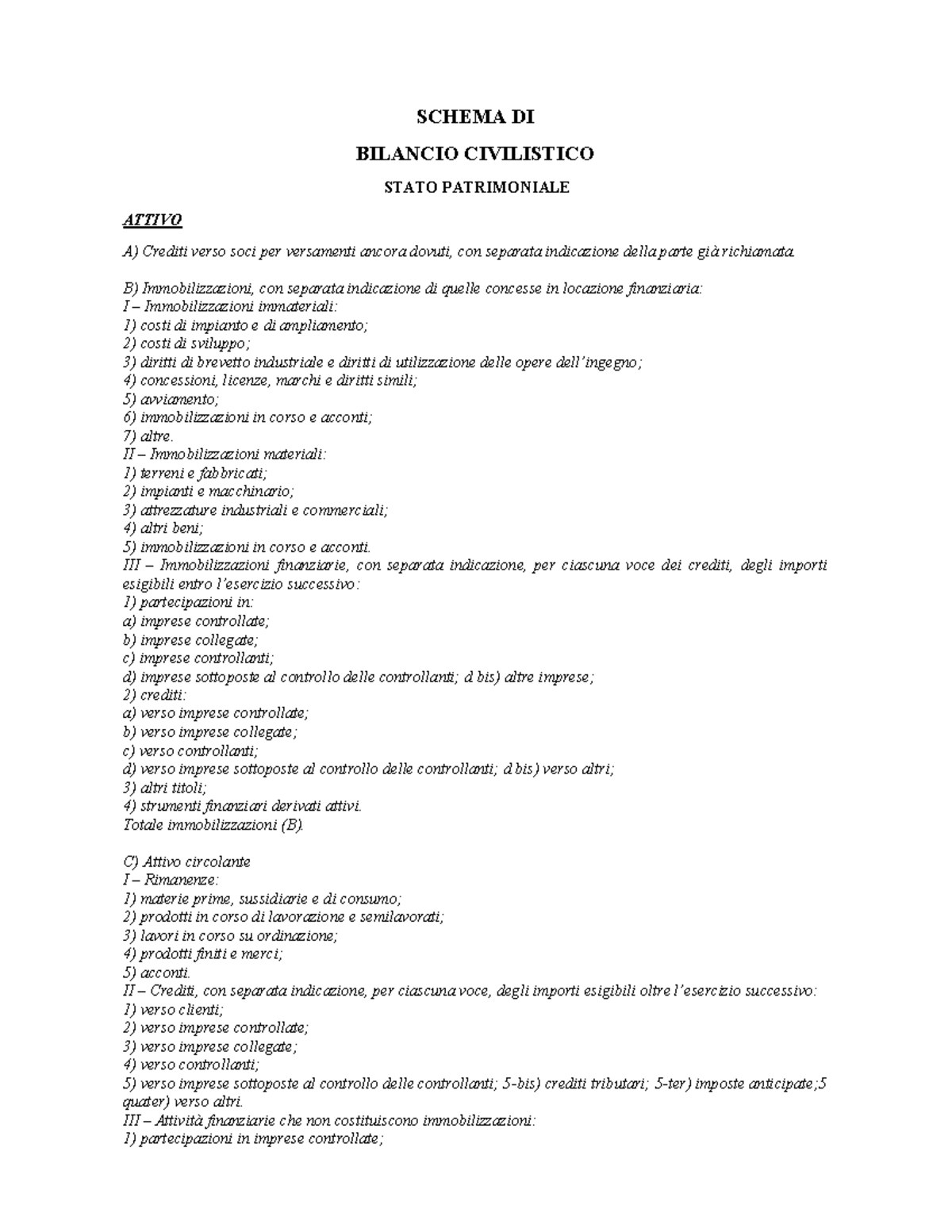 Schema Bilancio Civilistico - SCHEMA DI BILANCIO CIVILISTICO STATO ...