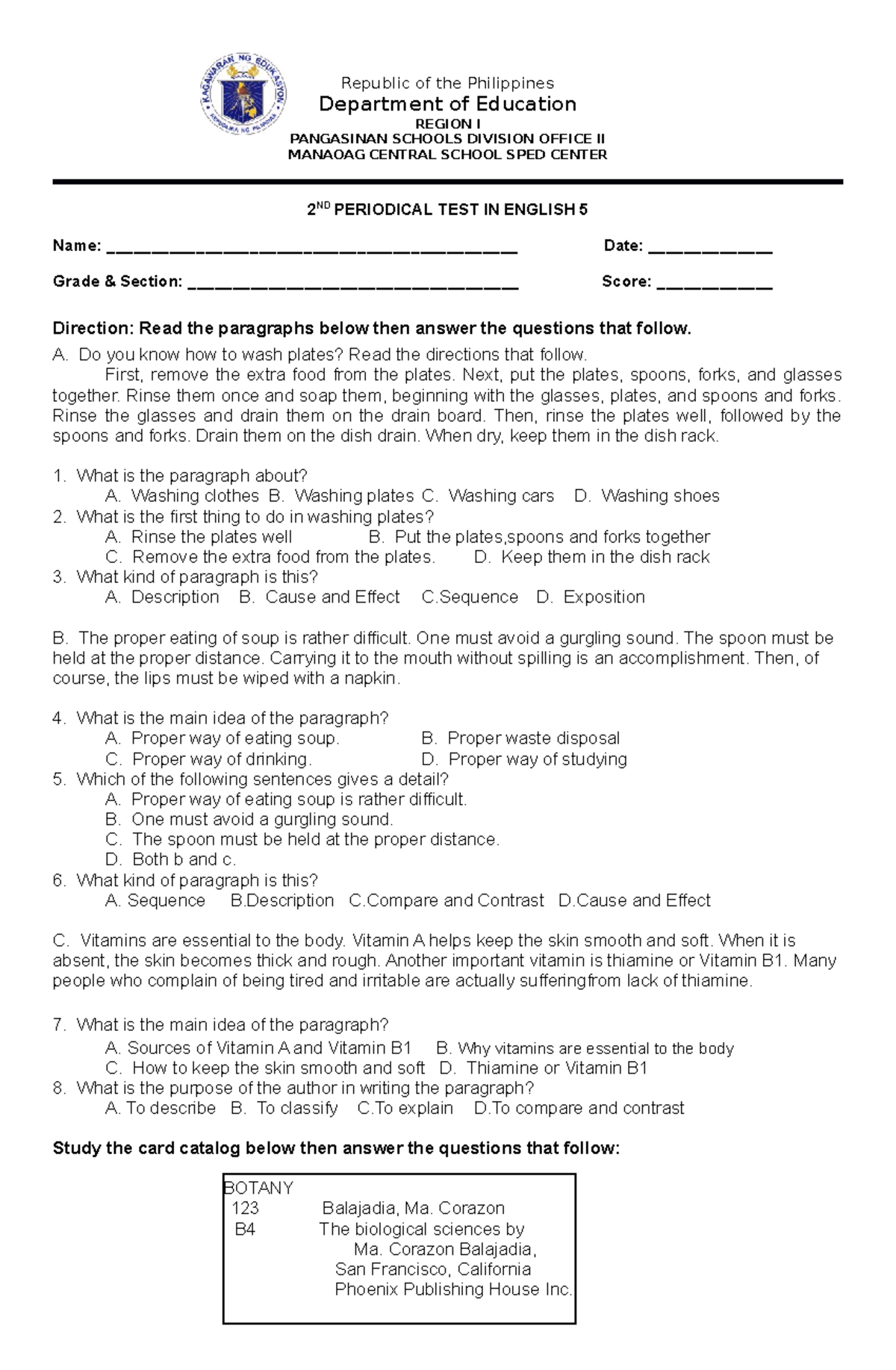 2nd periodicl test in english 5 - Republic of the Philippines ...