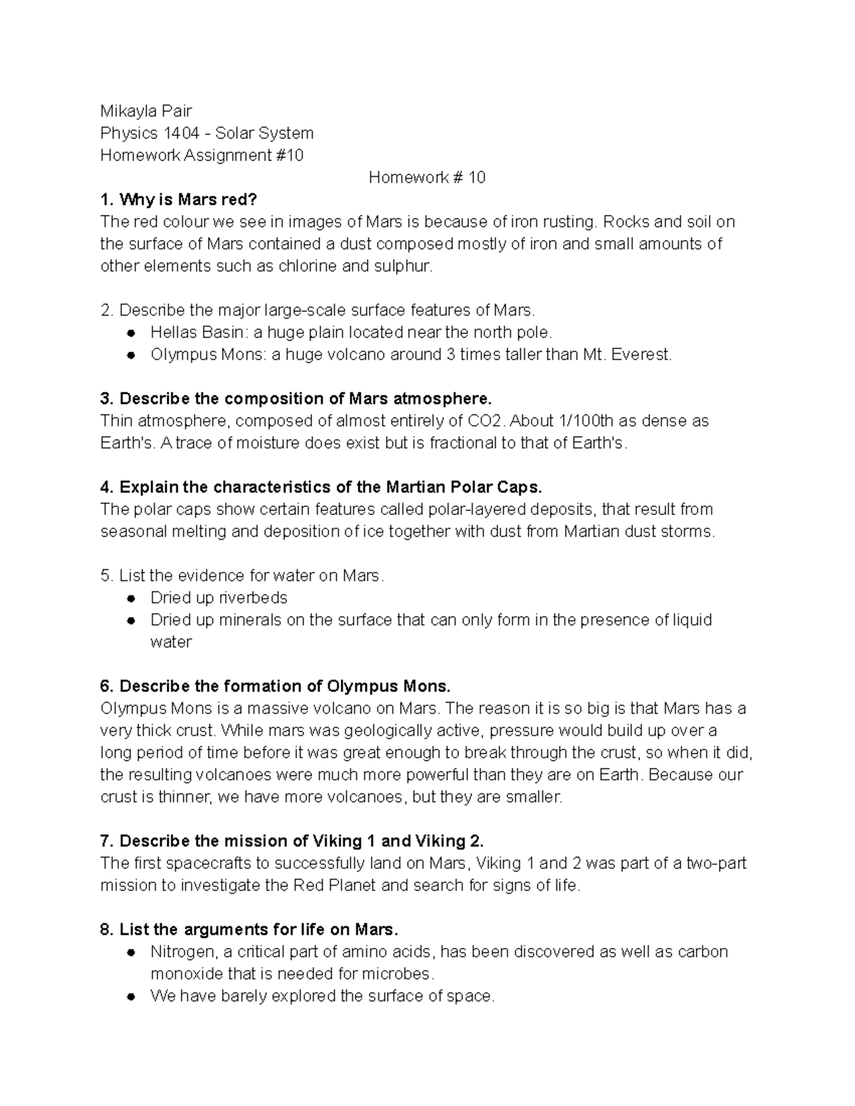 HW 10 - Professor: Jeff Howard - Mikayla Pair Physics 1404 - Solar ...