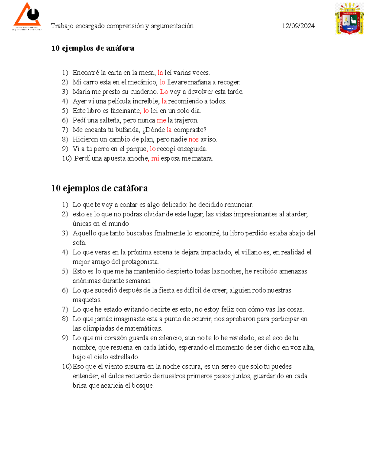 10 ejemplos de anáfora, catafora deixis elipsis - Trabajo encargado ...