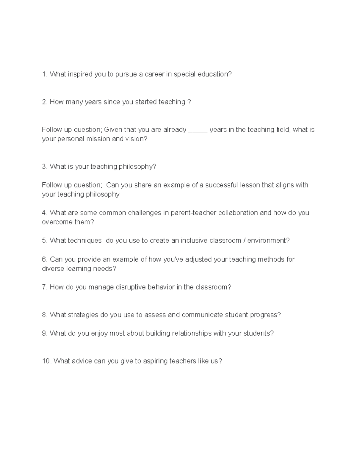 Interview Questions - What inspired you to pursue a career in special ...