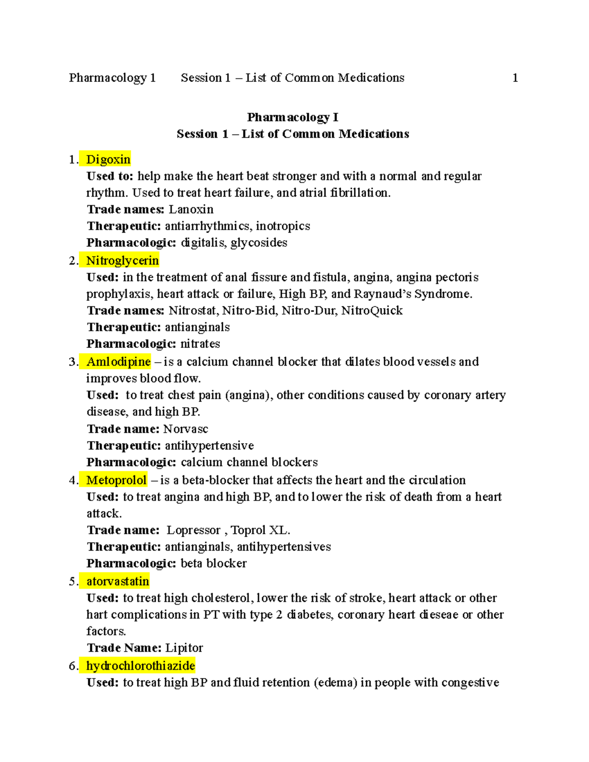 S 1 - Common Medications (1) done - ON-PHDE - Studocu