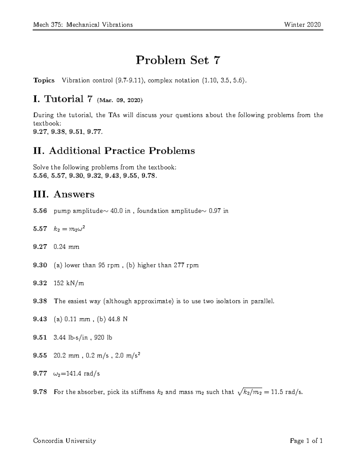 Problem Set 07 - No answers - Mech 375: Mechanical Vibrations Winter ...