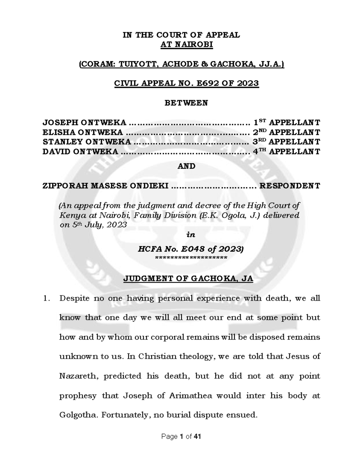 Civil Appeal NO. E692 of 2023 -1 - IN THE COURT OF APPEAL AT NAIROBI ...