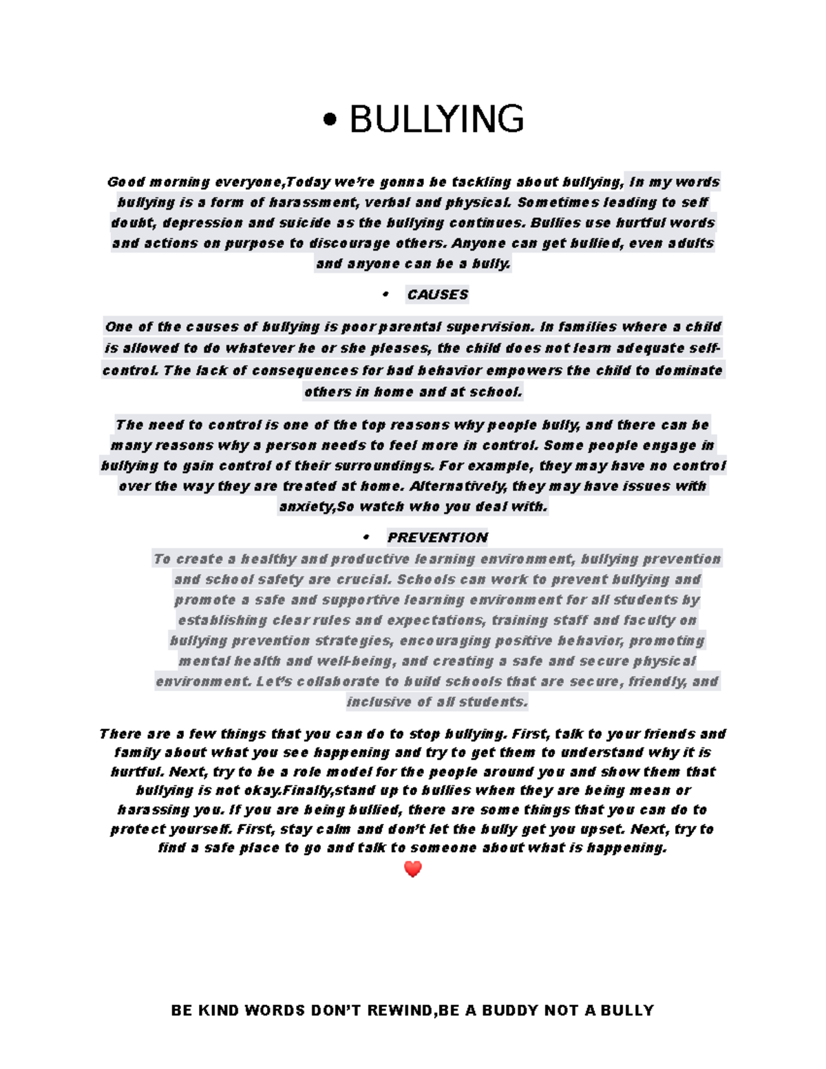 Bullying- Presentation - BULLYING Good morning everyone,Today we’re ...