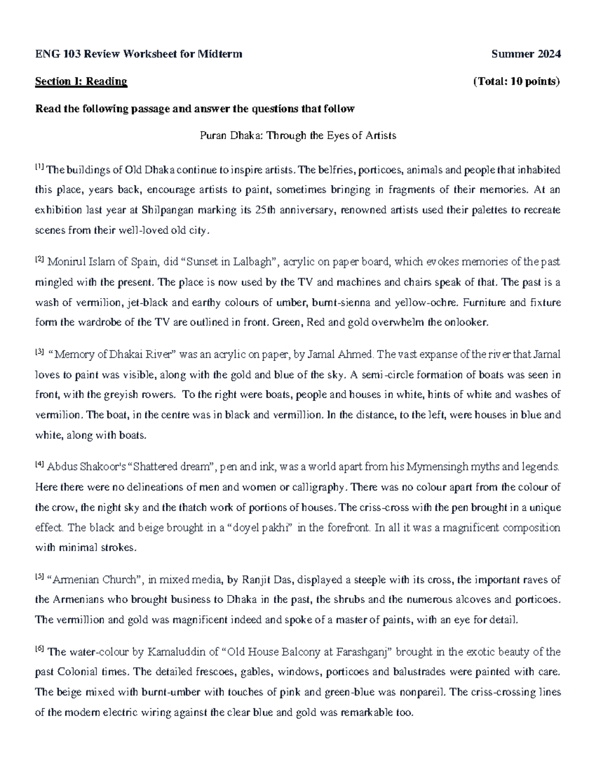 Midterm Review Worksheet Summer 2024 - ENG 103 Review Worksheet for ...