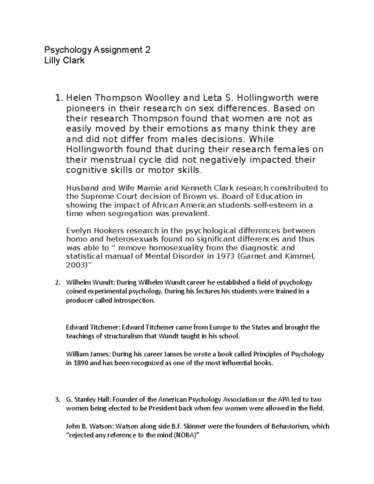 Psychology Assignment 2 - Helen Thompson Woolley and Leta S ...