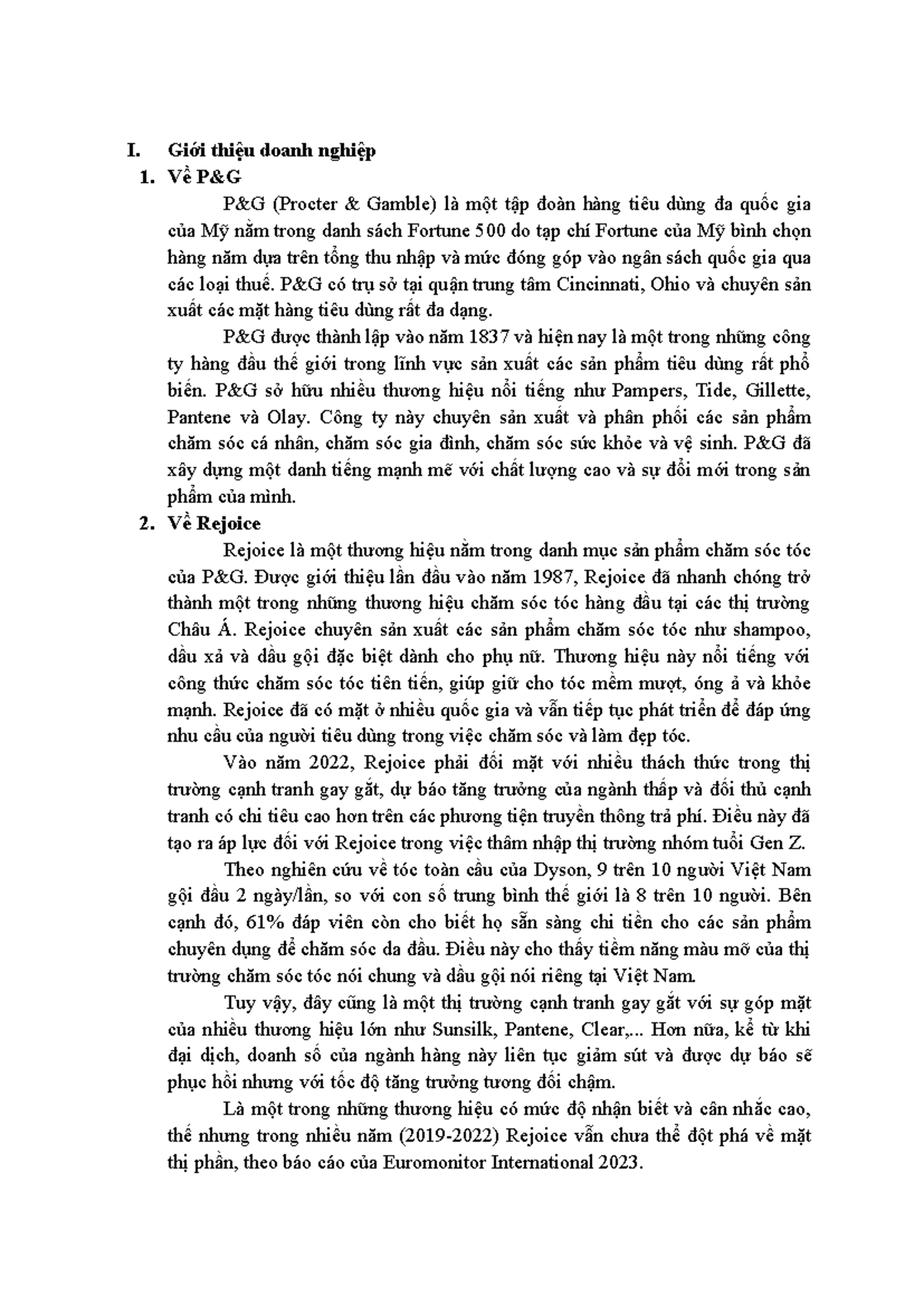 Quản trị quảng cáo - btcn - qtqc - I. Giới thiệu doanh nghiệp 1. Về P&G P&G (Procter & - Studocu
