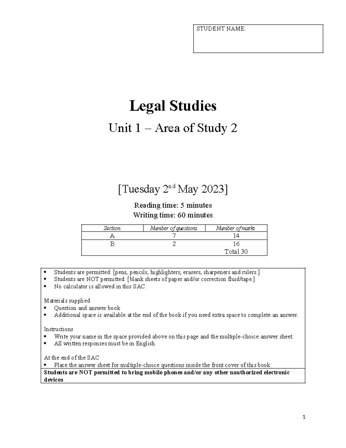 Final revision test for U1OC2 - STUDENT NAME: Legal Studies Unit 1 ...