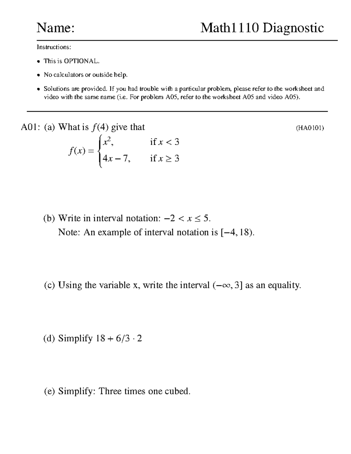 Math1110 Diagnostic - Name: Math1110 Diagnostic Instructions: This is ...