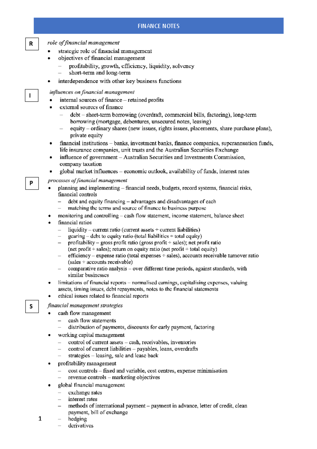 Finance Notes - R S P I Role of Finance Content Definition / Examples ...