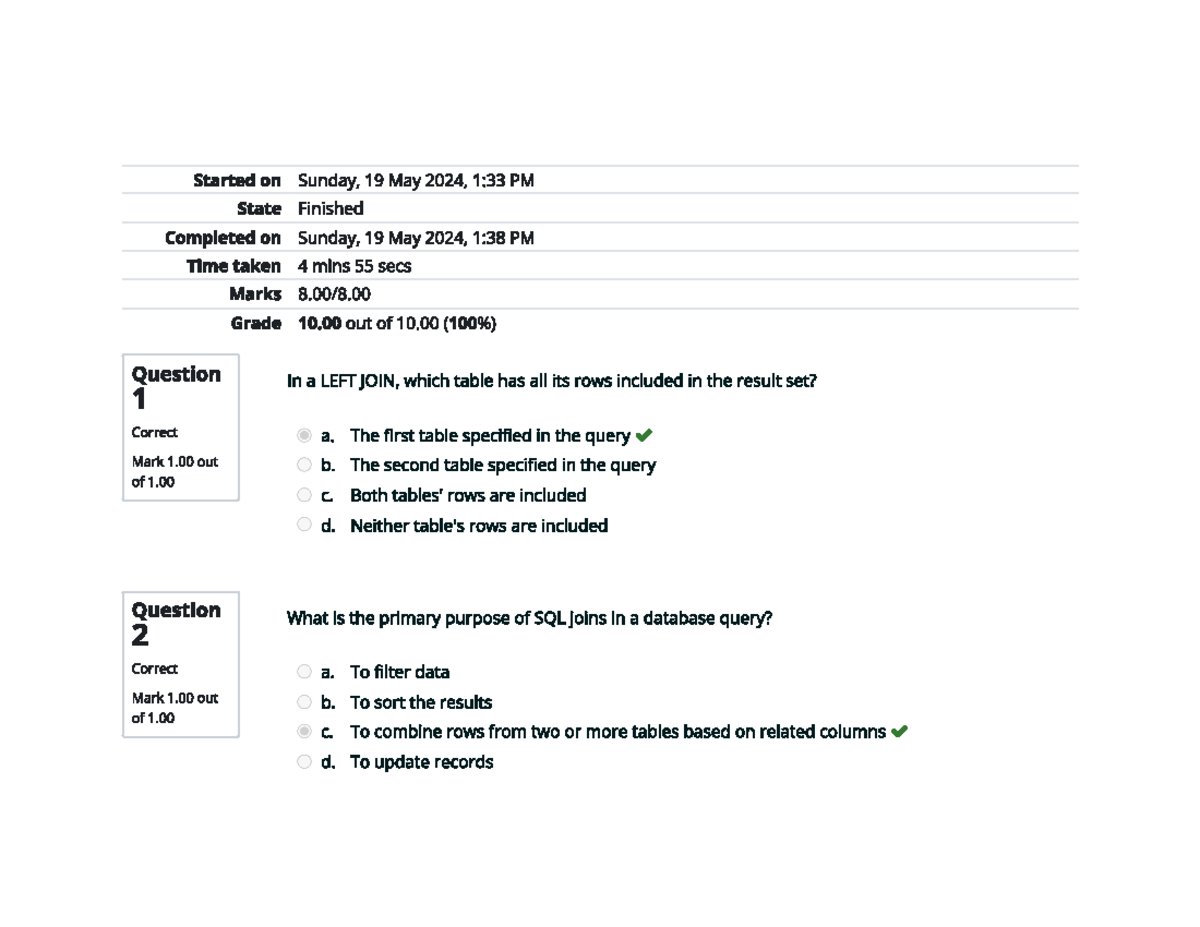 CS 2203-01 Self-Quiz Unit 6 - Started on Sunday, 19 May 2024, 1:33 PM State Finished Completed ...