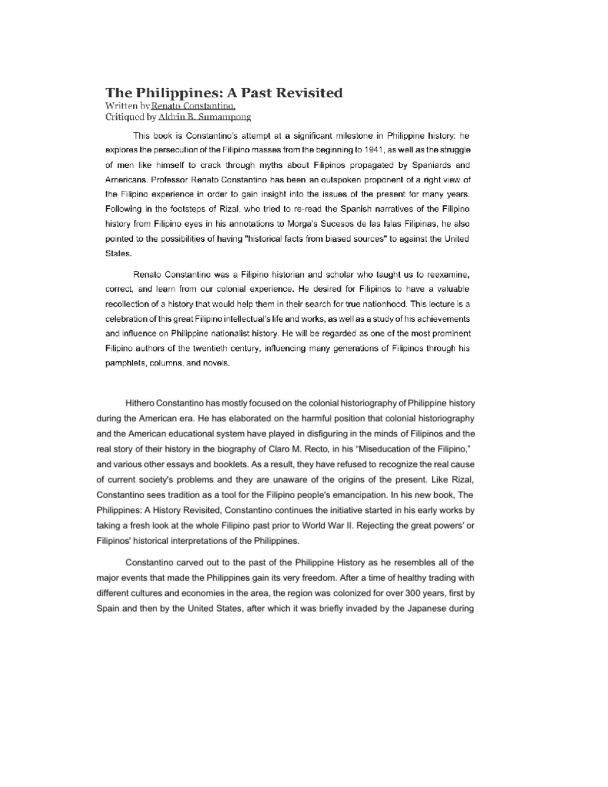 The Past Revisited 2nd Critique Paper copy-converted - Readings in the ...