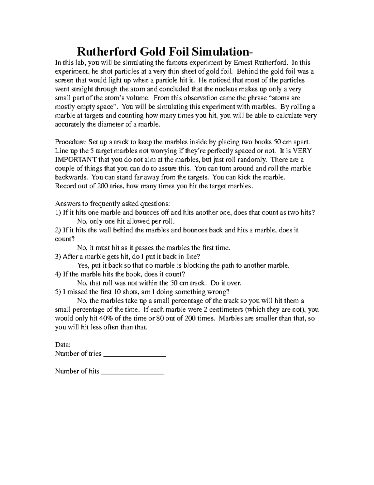 Rutherford gold foil simulation - Rutherford Gold Foil Simulation- In ...