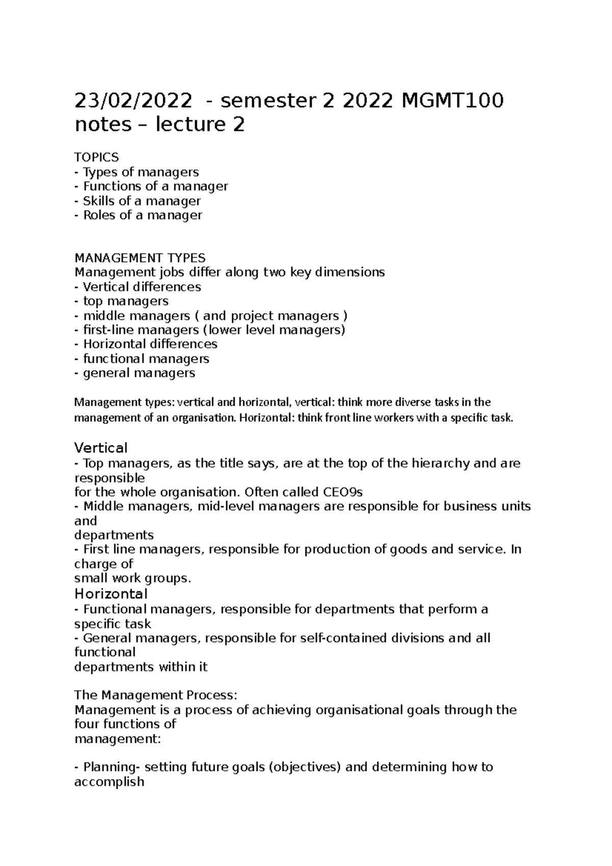 Mgmt100 lecture 2 notes - 23/02/2022 - semester 2 2022 MGMT notes ...