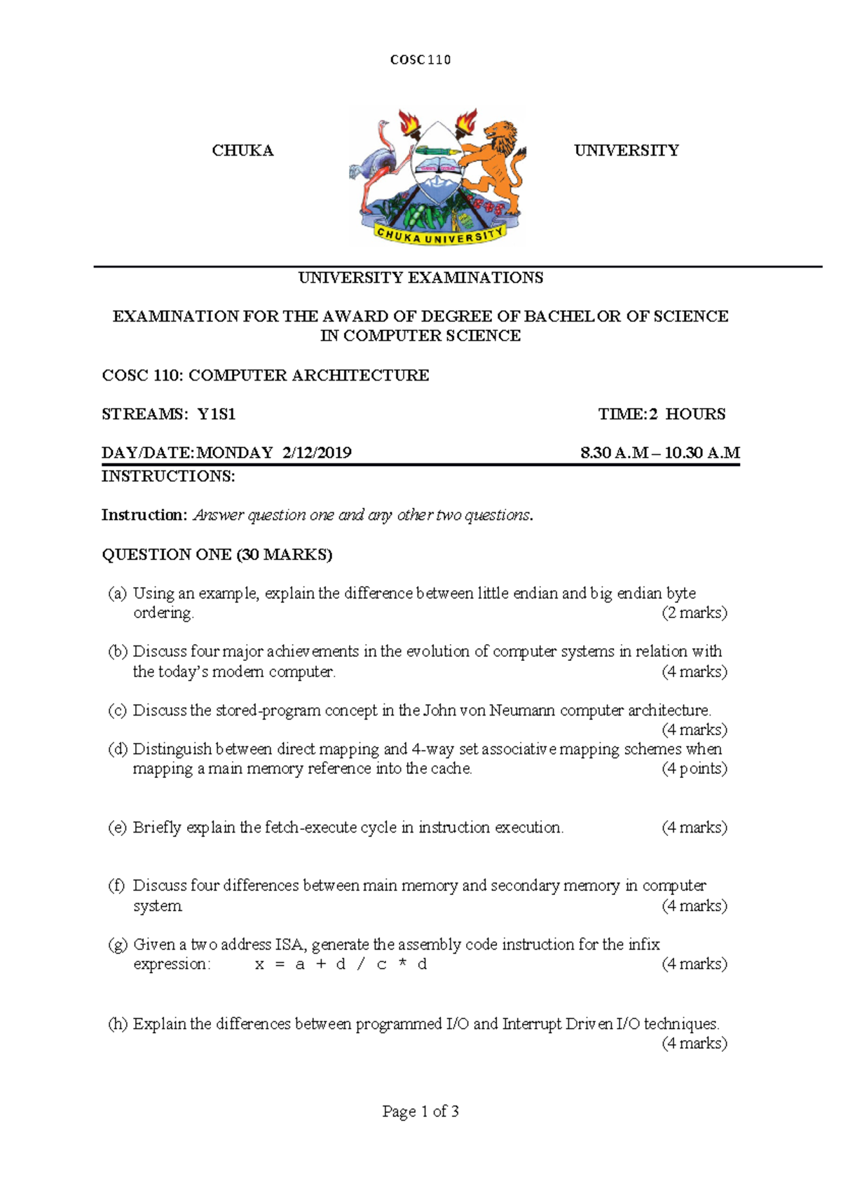 Cosc 110 Exam Quiz Cosc 110 Chuka University University Examinations Examination For The