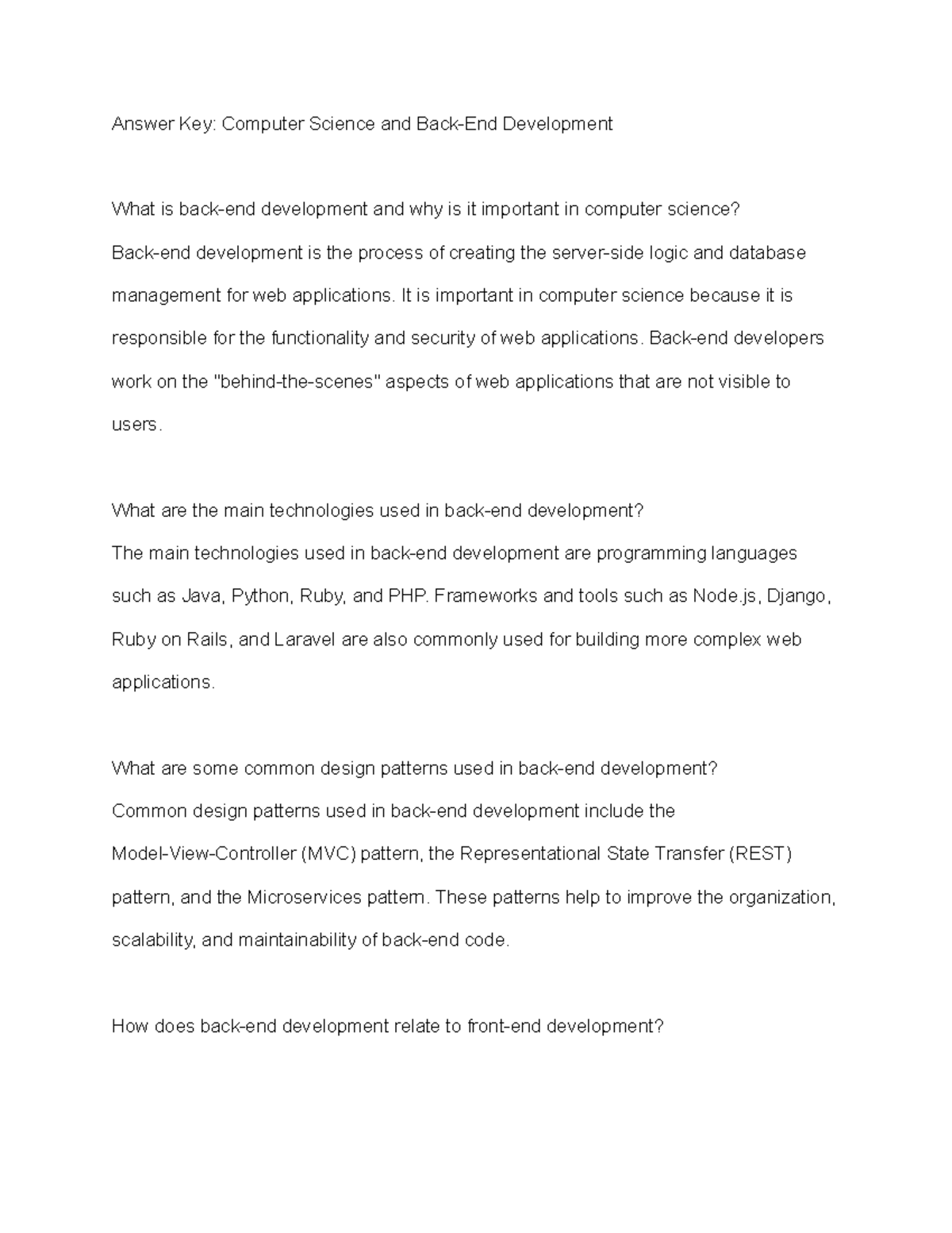 Answer Key Computer Science and Back-End Development - It is important ...