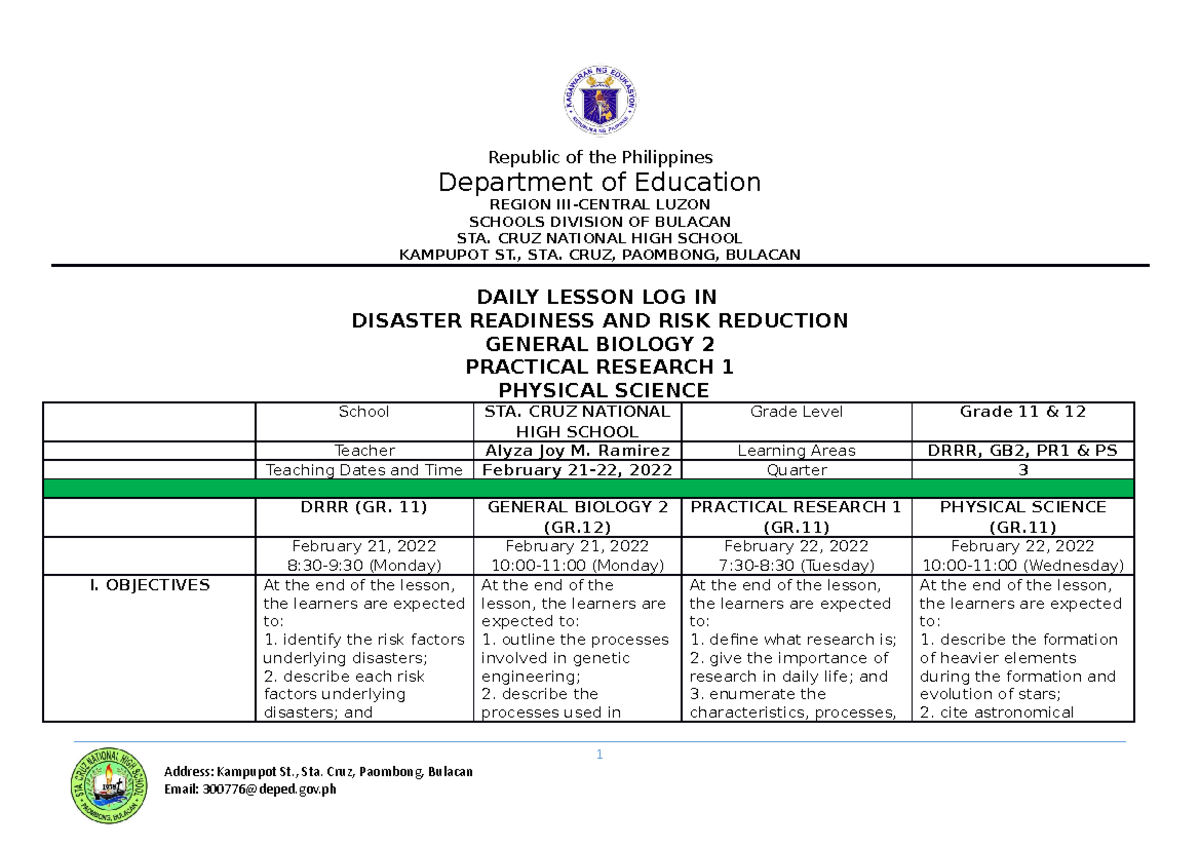 Q3 Daily Lesson LOG WEEK 1 in DRRR GB2 PR1 PS - Department of Education ... Q3 Daily Lesson LOG WEEK 1 in DRRR GB2 PR1 PS - Department of Education ...