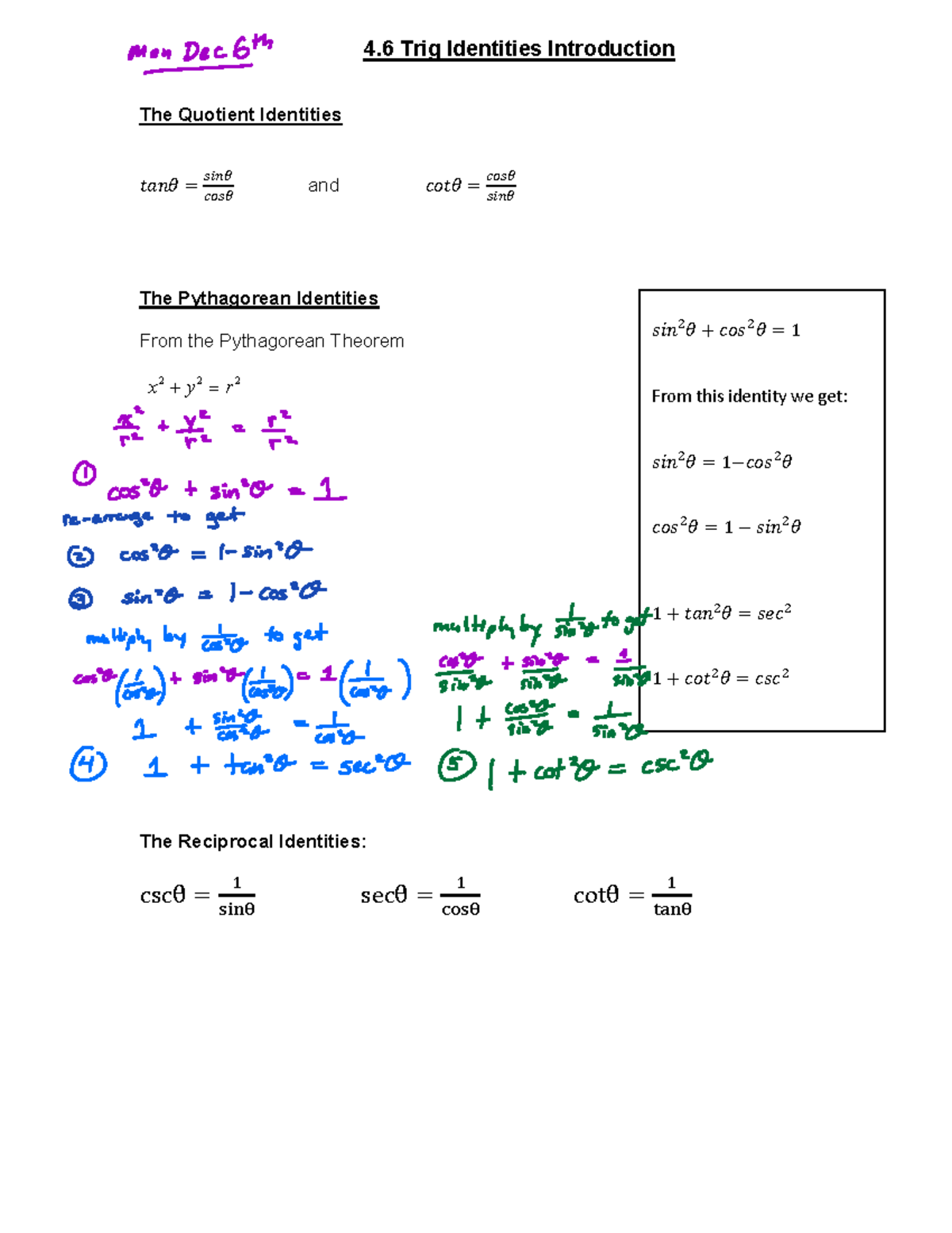 4.6 part 1 Trig Identities - 4 Trig Identities Introduction The ...