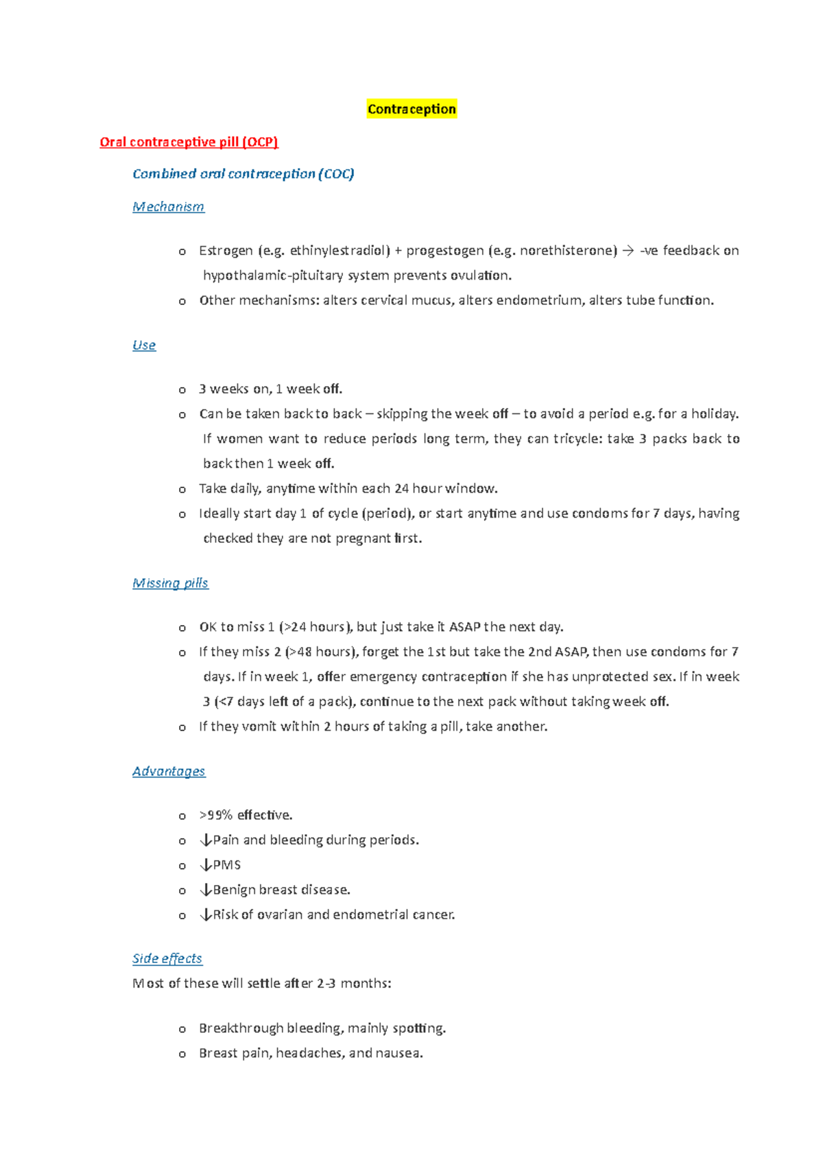 Contraception - Lecture notes 1 - Contraception Oral contraceptive pill ...