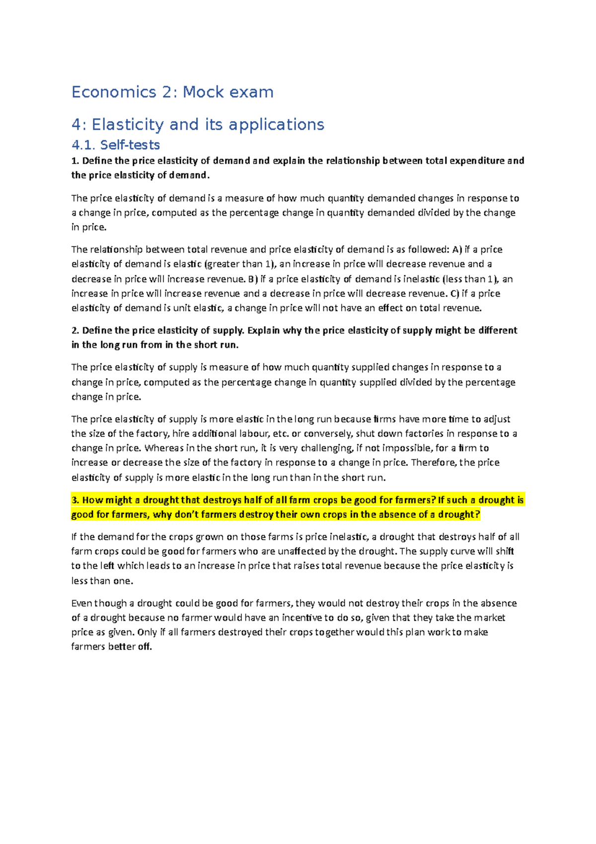 Mock Exam - Mock exam - Economics 2: Mock exam 4: Elasticity and its ...