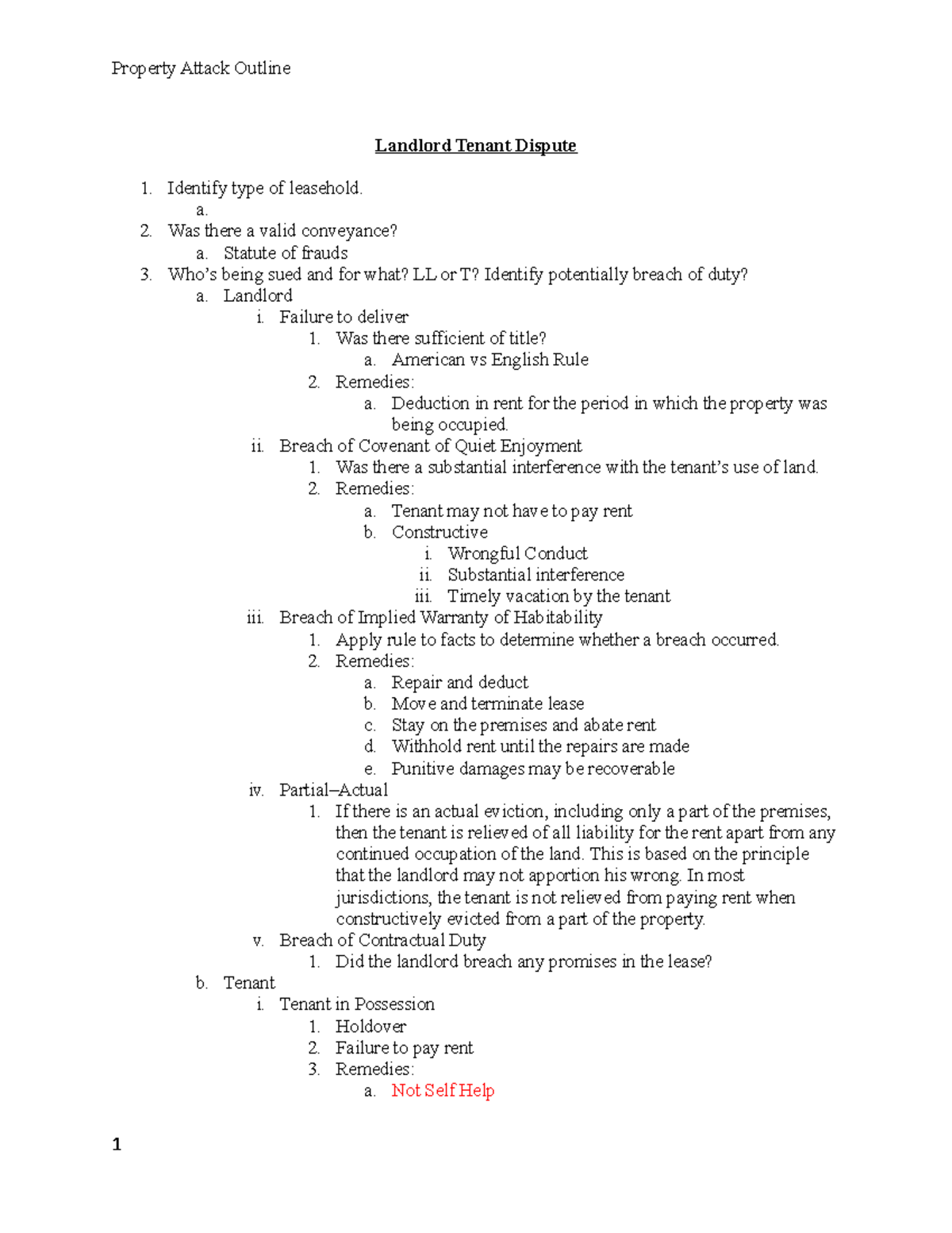 Property Attack Outline - Landlord Tenant Dispute Identify type of leasehold. a. Was there a ...