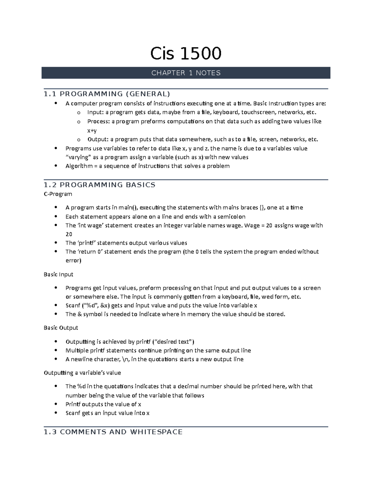 Chapter 1 Notes - Cis 1500 CHAPTER 1 NOTES 1 PROGRAMMING (GENERAL) A ...