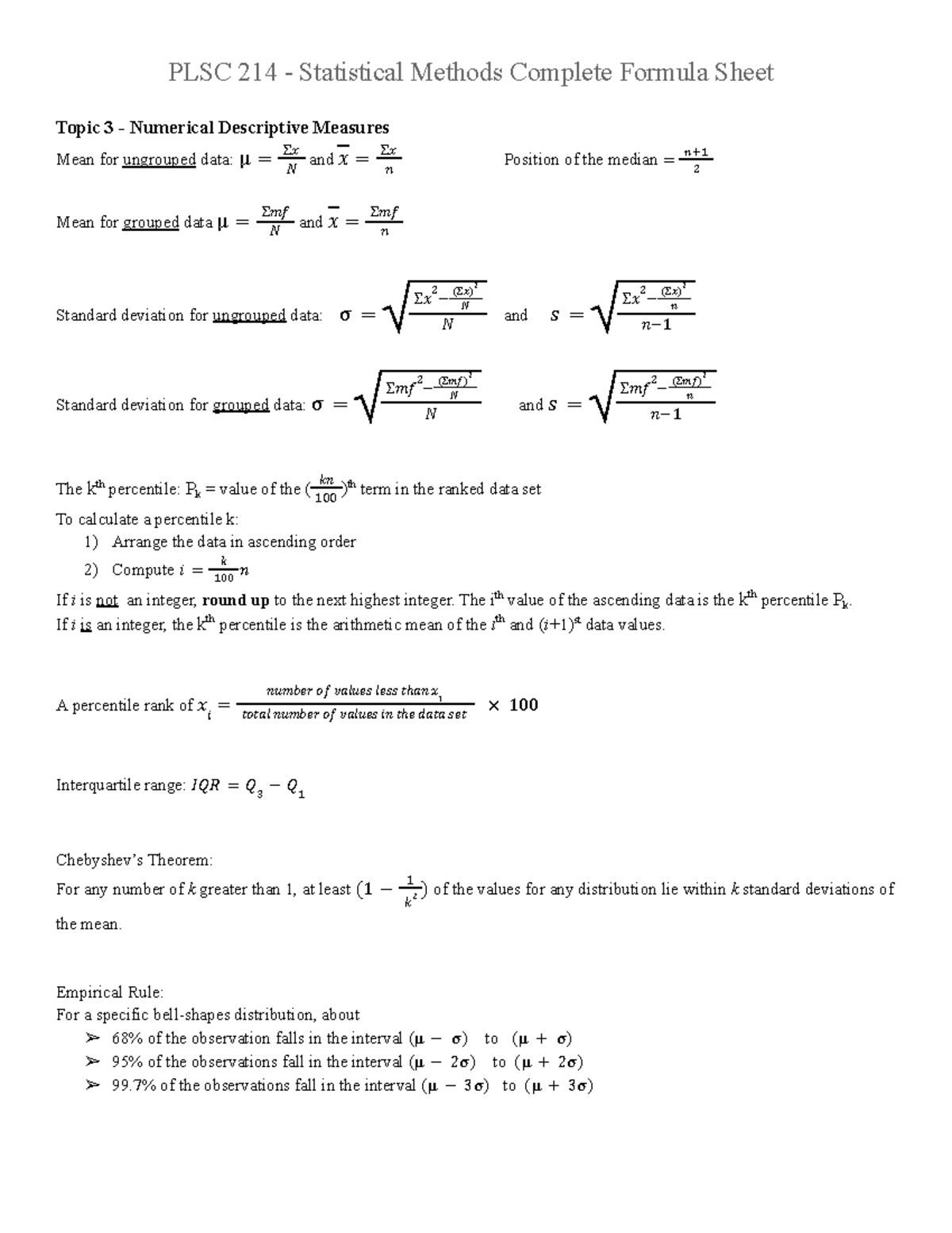 PLSC 214 Complete Formula sheet - PLSC 214 - Statistical Methods ...