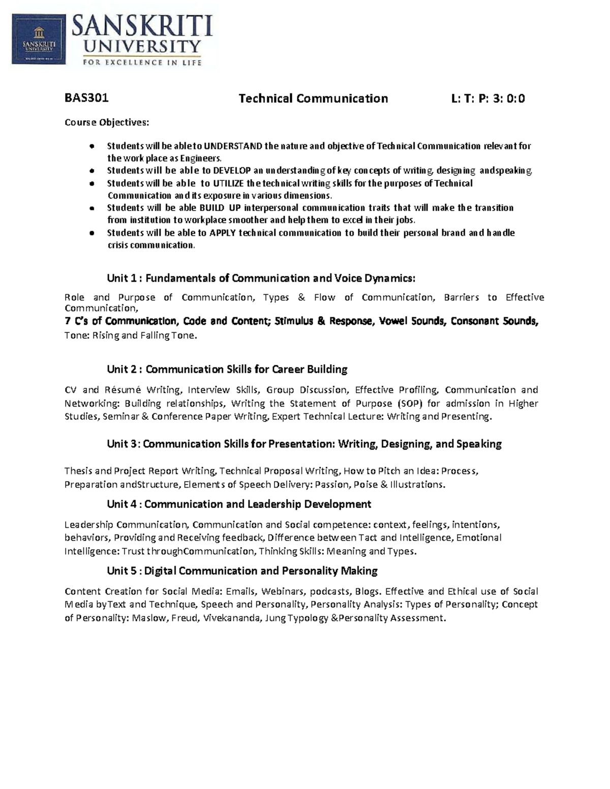 BAS-301 Technical Communication - BAS Course Objectives: Technical ...