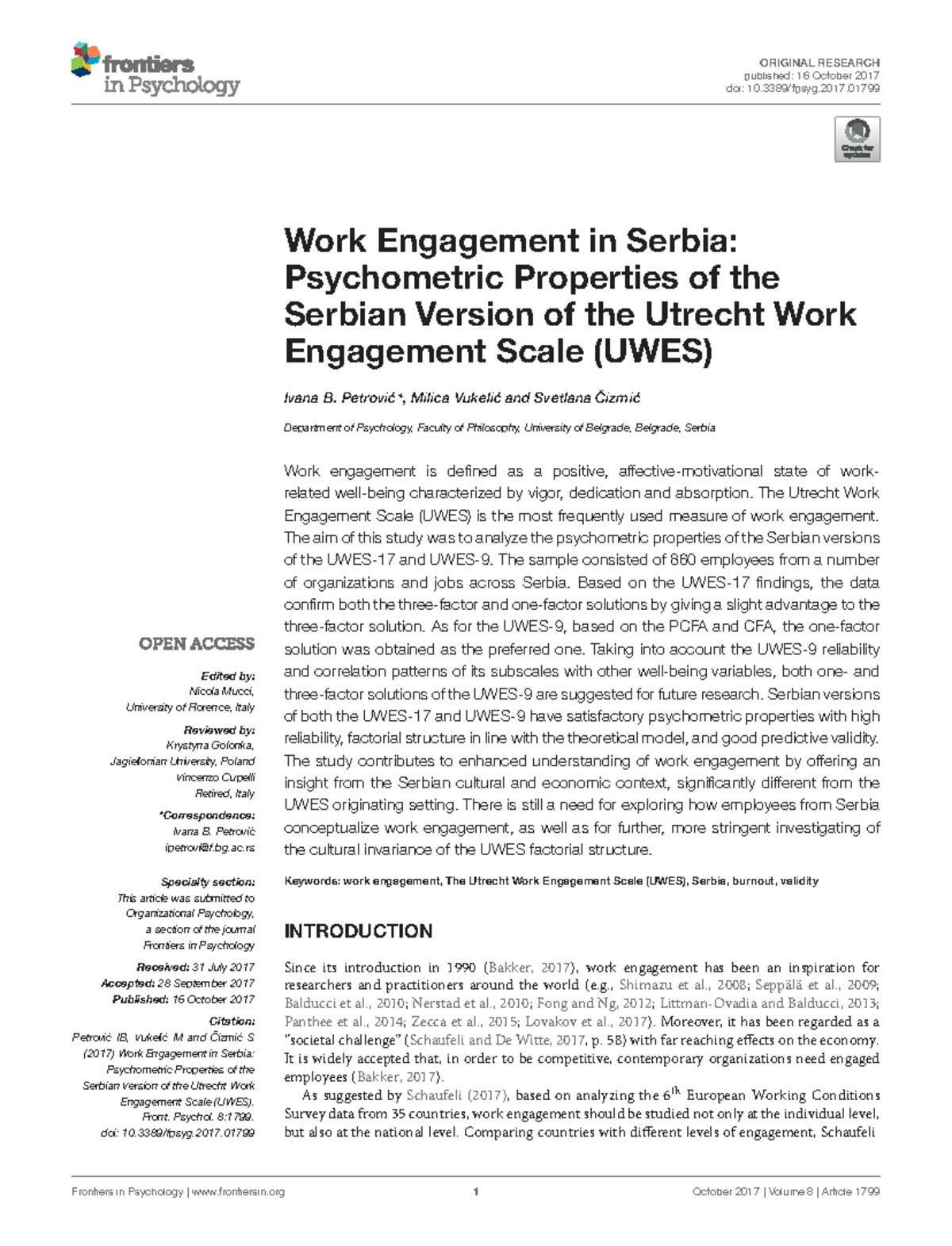 Work-engagement Scale - ORIGINAL RESEARCH published: 16 October 2017 ...