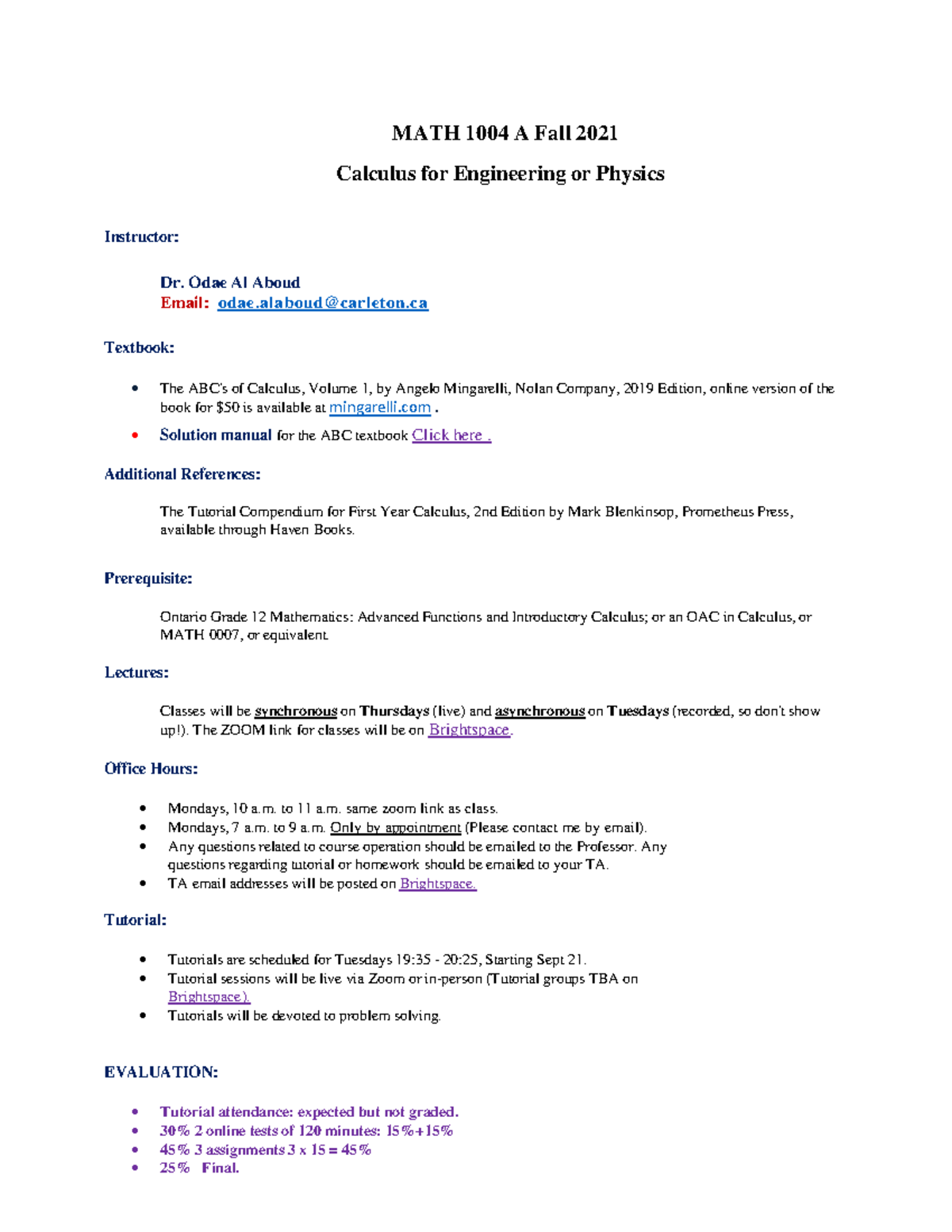 MATH 1004 A Fall 2021 - MATH 1004 A Fall 2021 Calculus for Engineering ...