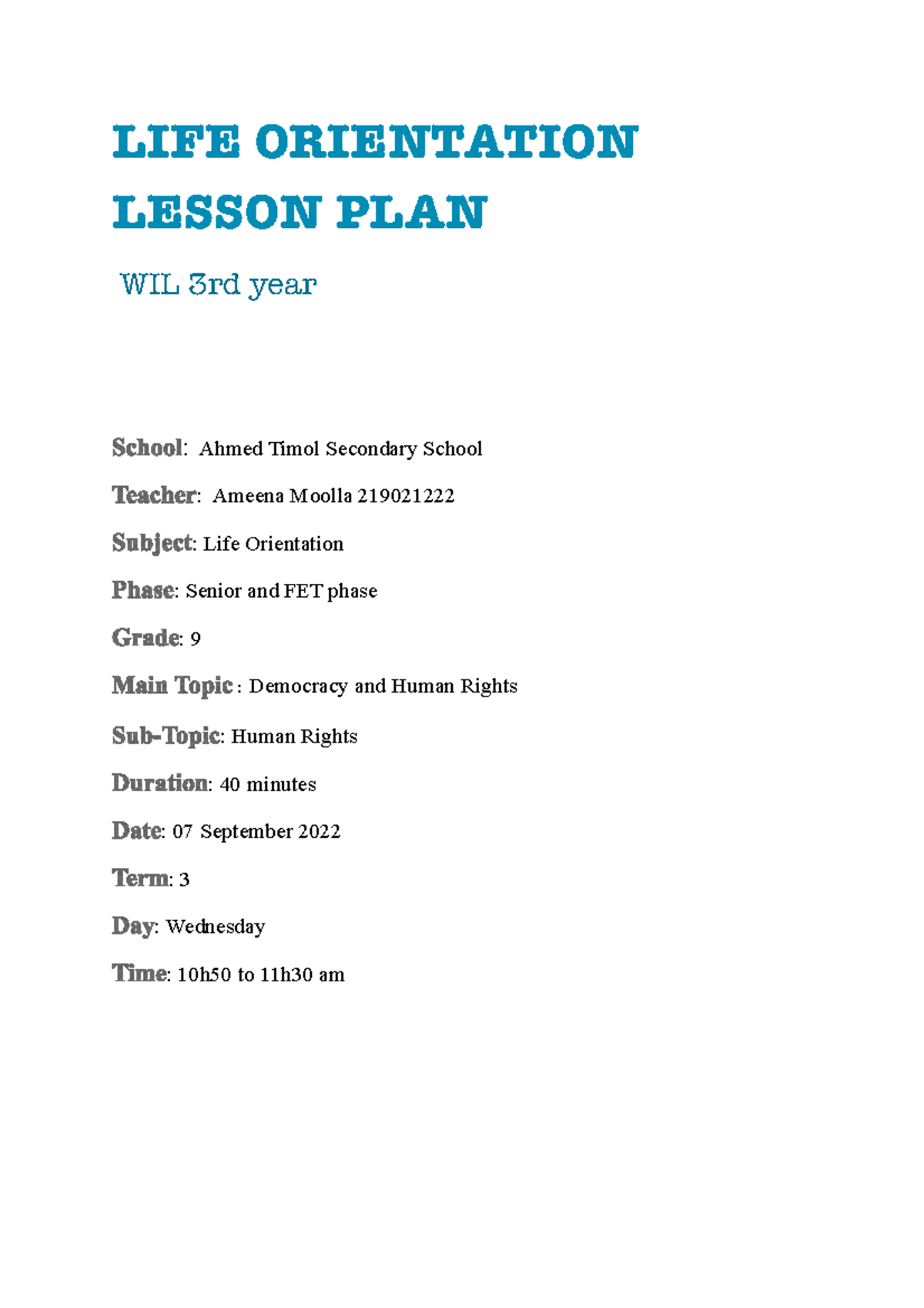 LO WIL3 2 - lesson plan - LIFE ORIENTATION LESSON PLAN WIL 3rd year ...