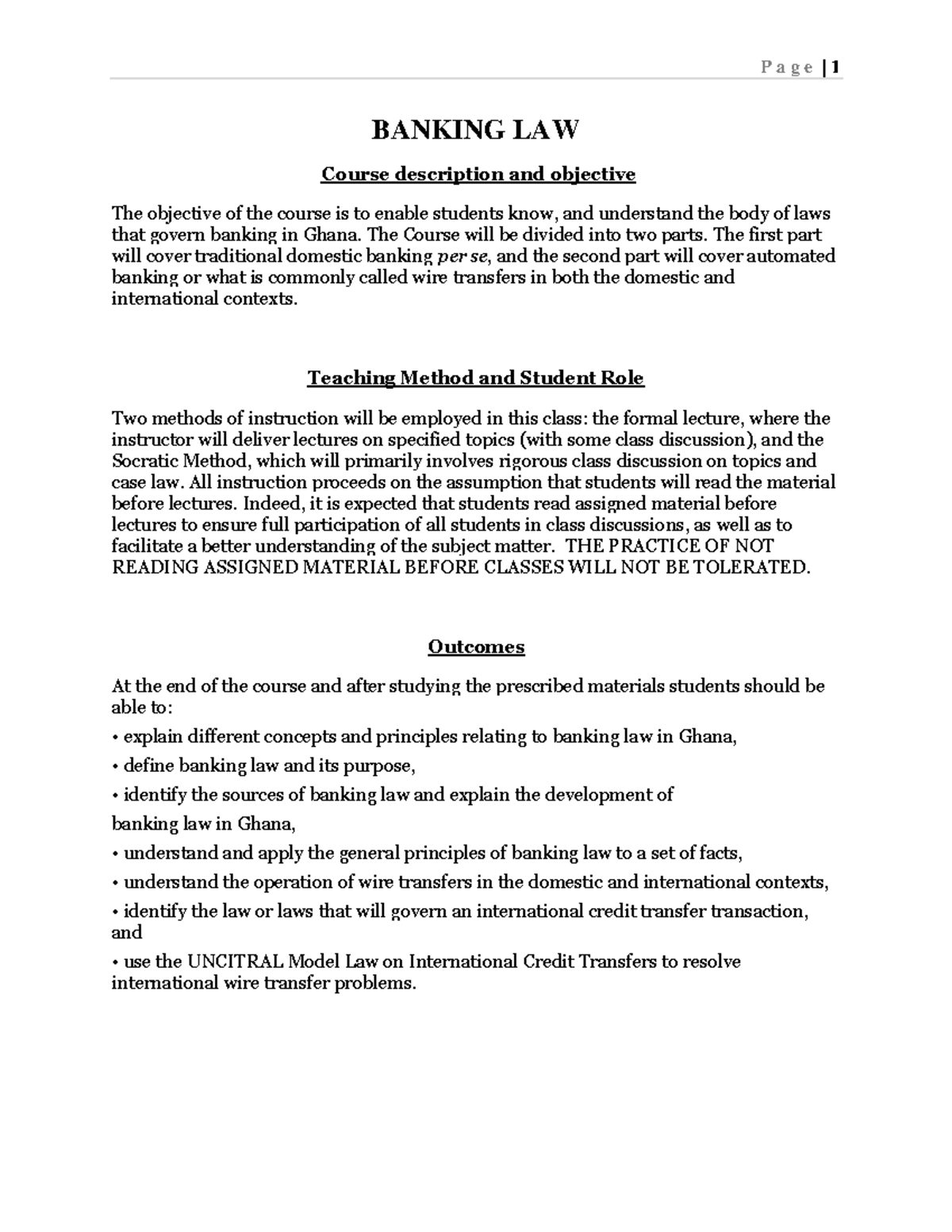Banking Law - Course Outline - BANKING LAW Course description and ...