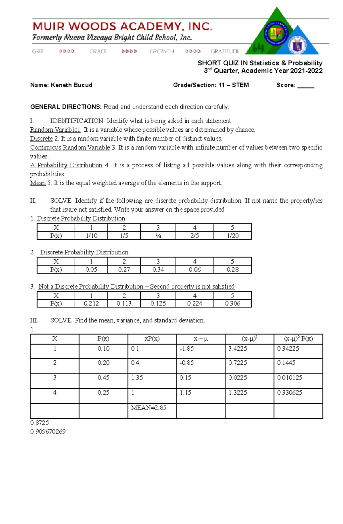 3GP1QStat - Answer keys - SHORT QUIZ IN Statistics & Probability 3 rd ...