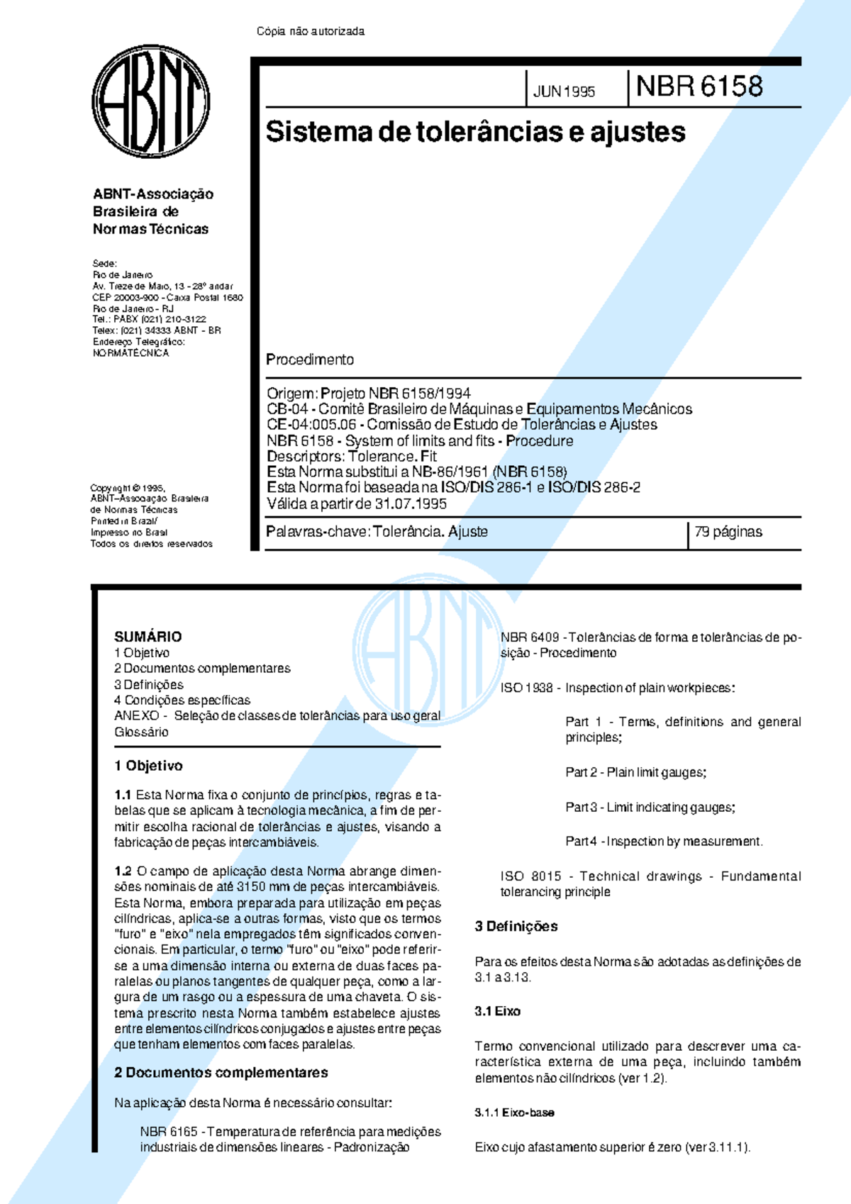 NBR 6158 1995 Sistema de Tolerncias e Aj - Copyright © 1995, ABNT ...