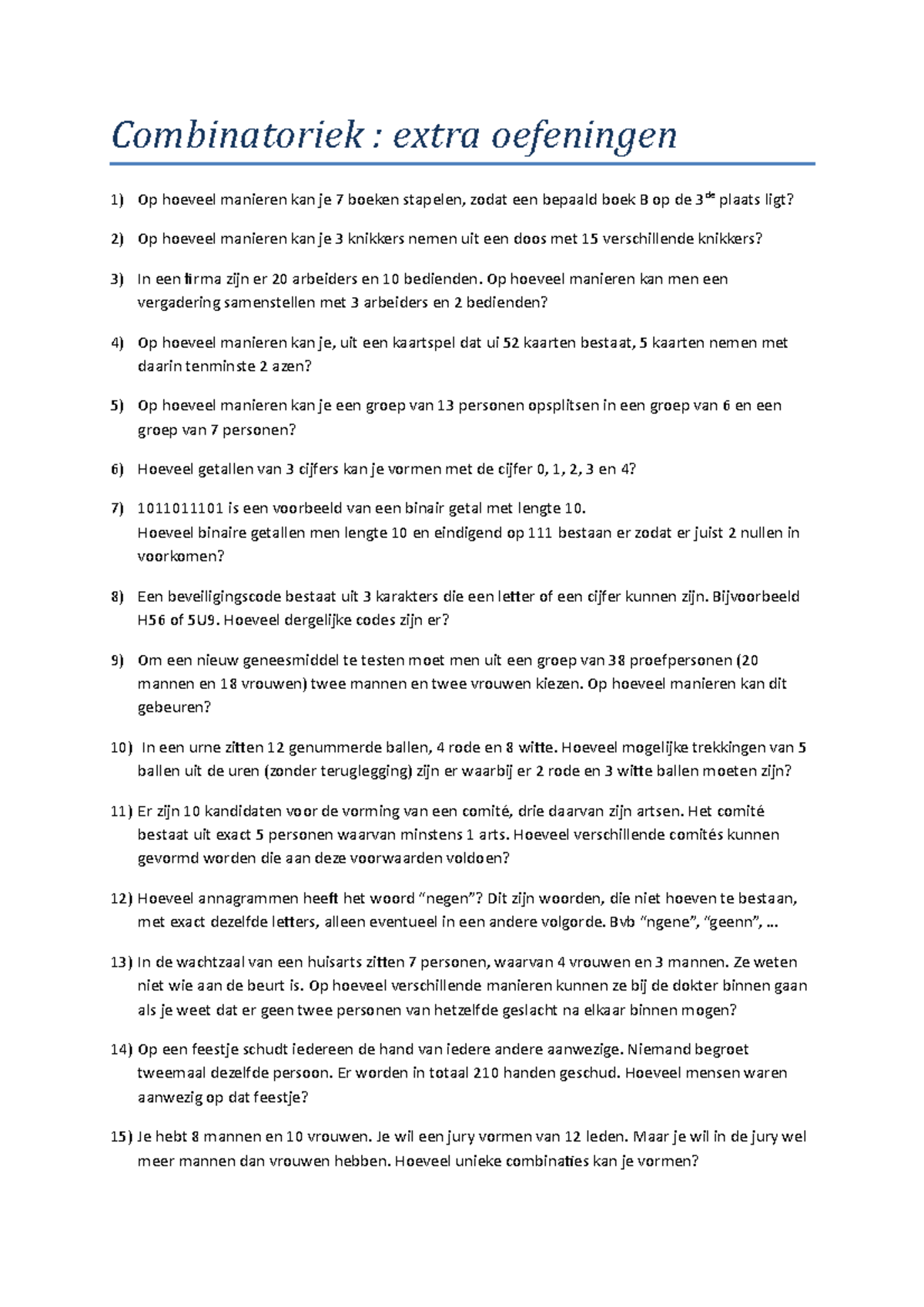 Combinatoriek - Oefeningen combinatieleer - Combinatoriek : extra ...