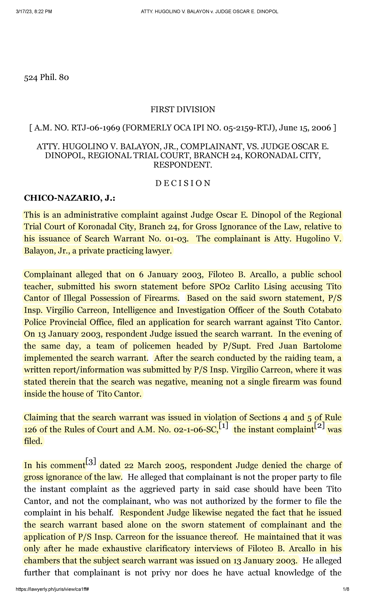 ATTY. Hugolino V. Balayon v. Judge Oscar E. Dinopol - 524 Phil. 80 ...