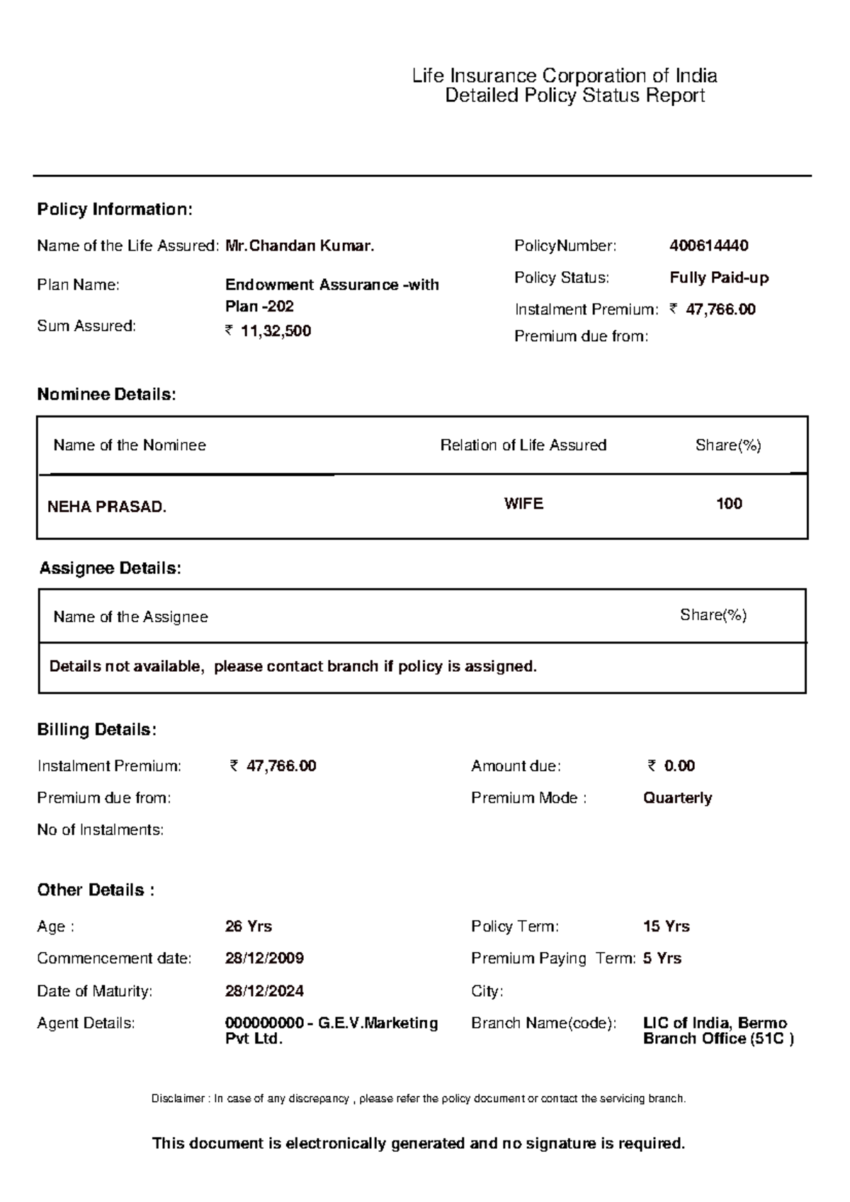 Policy Status 400614440 - Policy Information: Life Insurance ...
