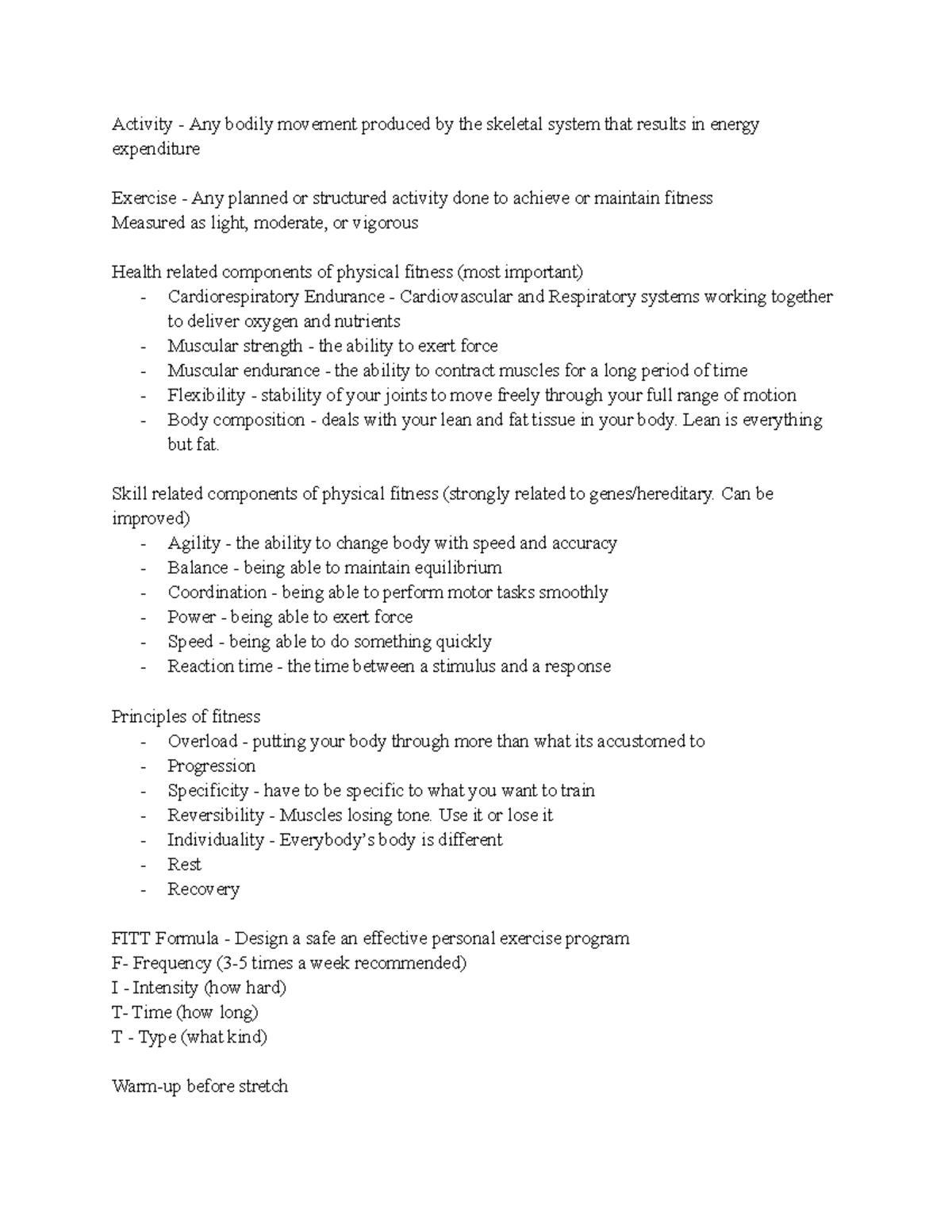 PE notes 1 - Activity - Any bodily movement produced by the skeletal ...