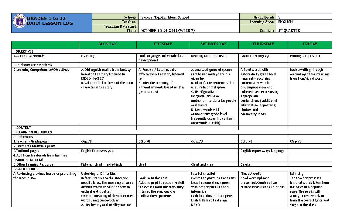 DLL English 5 Q1 W7 - GRADES 1 to 12 DAILY LESSON LOG School: Isaias s ...