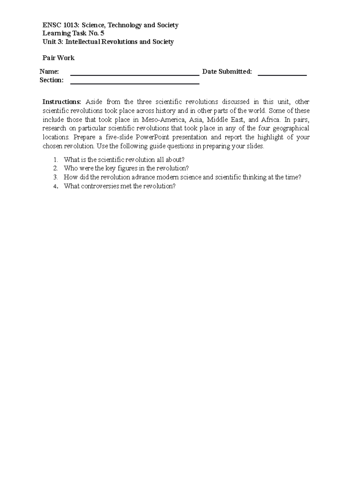 ENSC1013 Learning Task No. 5 - ENSC 1013: Science, Technology and ...