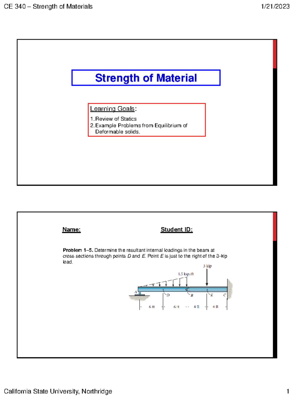 CE 340-Lecture 1-Statics Review - Strength of Material Learning Goals: 1 of Statics 2 Problems ...