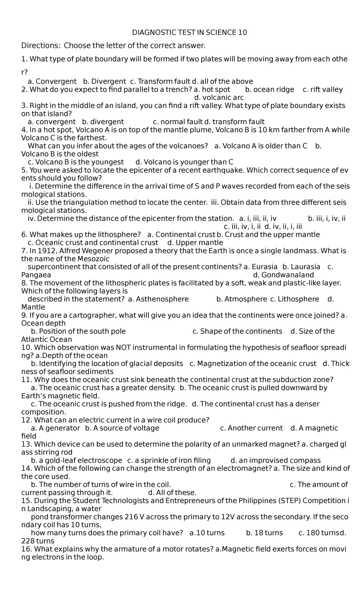 Diagnostic Test In Science 10 DIAGNOSTIC TEST IN SCIENCE 10 diagnostic-test-in-science-10-diagnostic-test-in-science-10