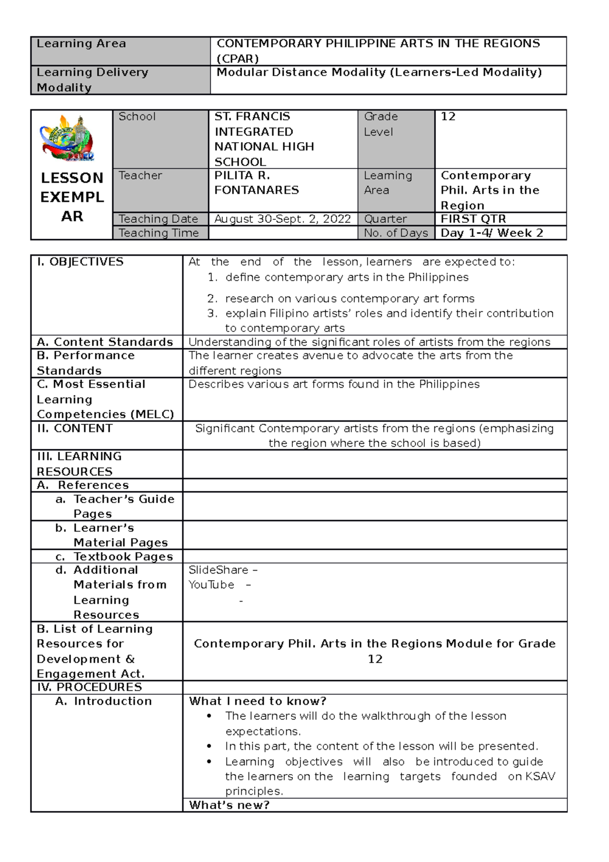 Fontanares LE-CPAR-WEEK2 (MELC 2) - Learning Area CONTEMPORARY ...