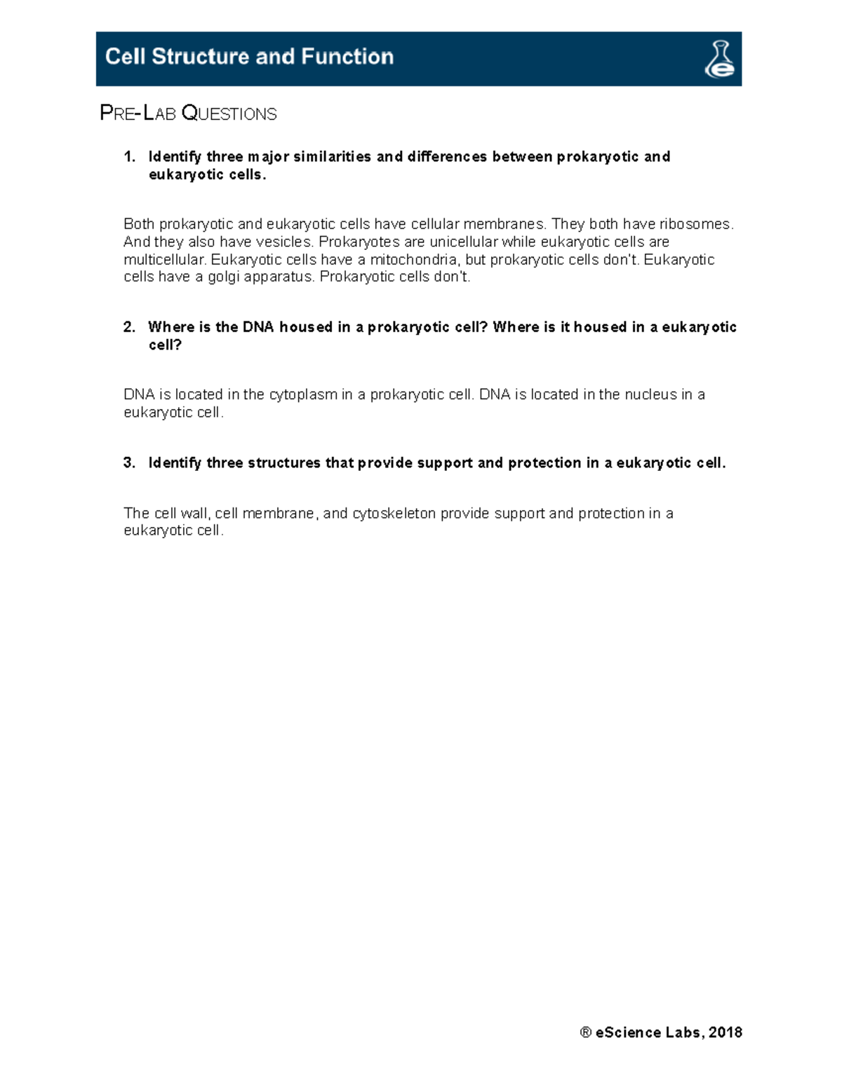 Cell Structure and Function - PRE-LAB QUESTIONS Identify three major similarities and ...