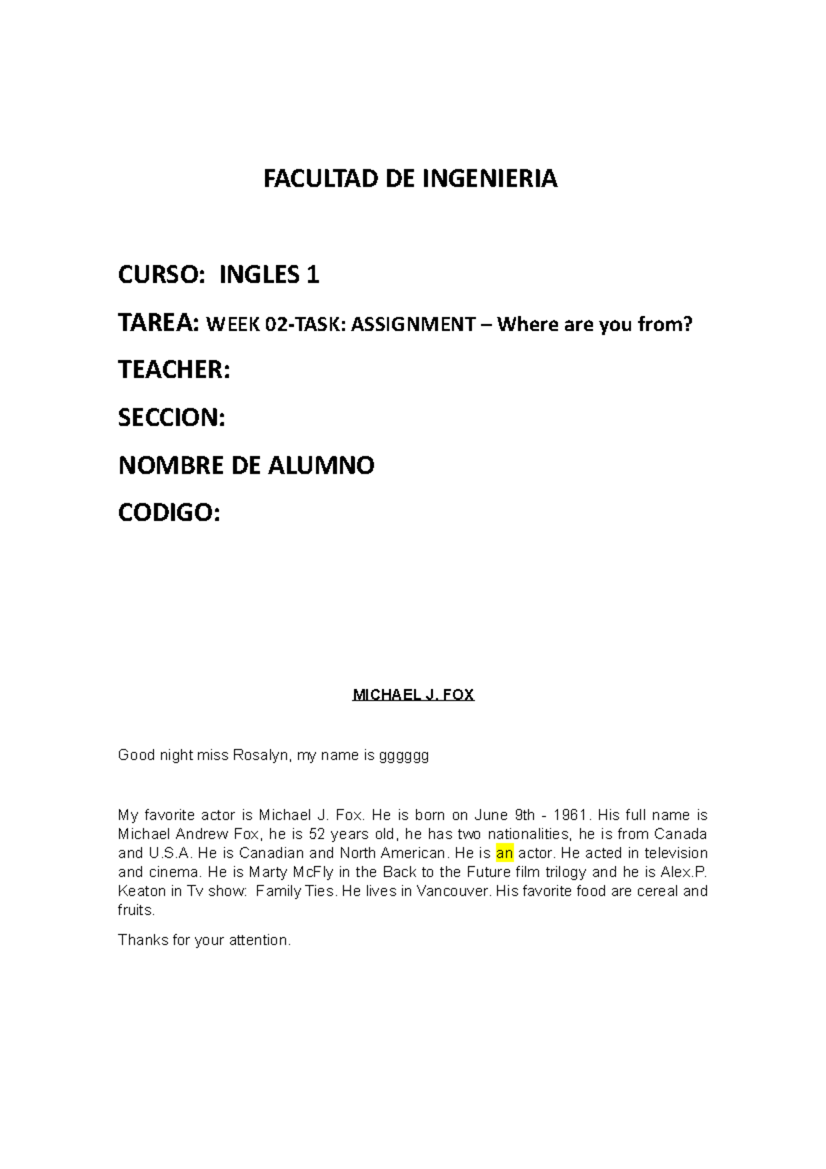 Week 02 Task Assignment-Where are you from - FACULTAD DE INGENIERIA CURSO: INGLES 1 TAREA: WEEK ...