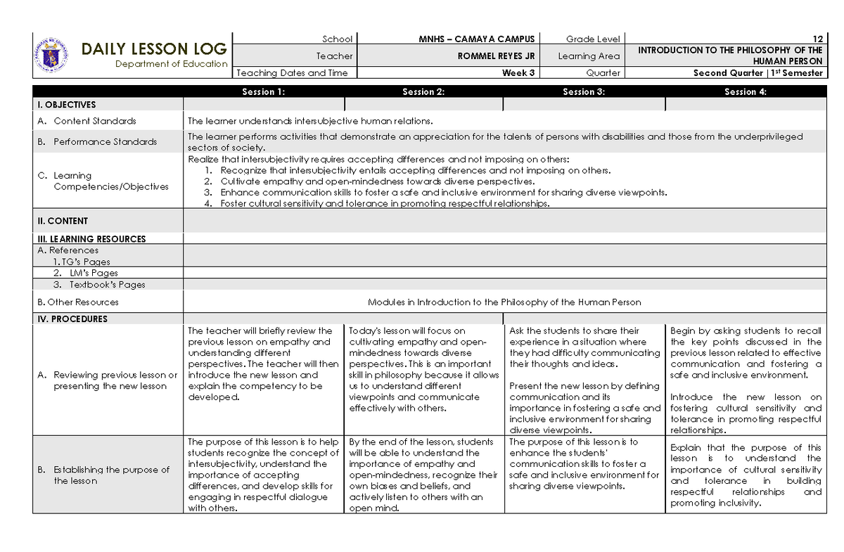 DLL philosophy Quarter 2 WEEK 3 - DAILY LESSON LOG Department of Education School MNHS – CAMAYA ...